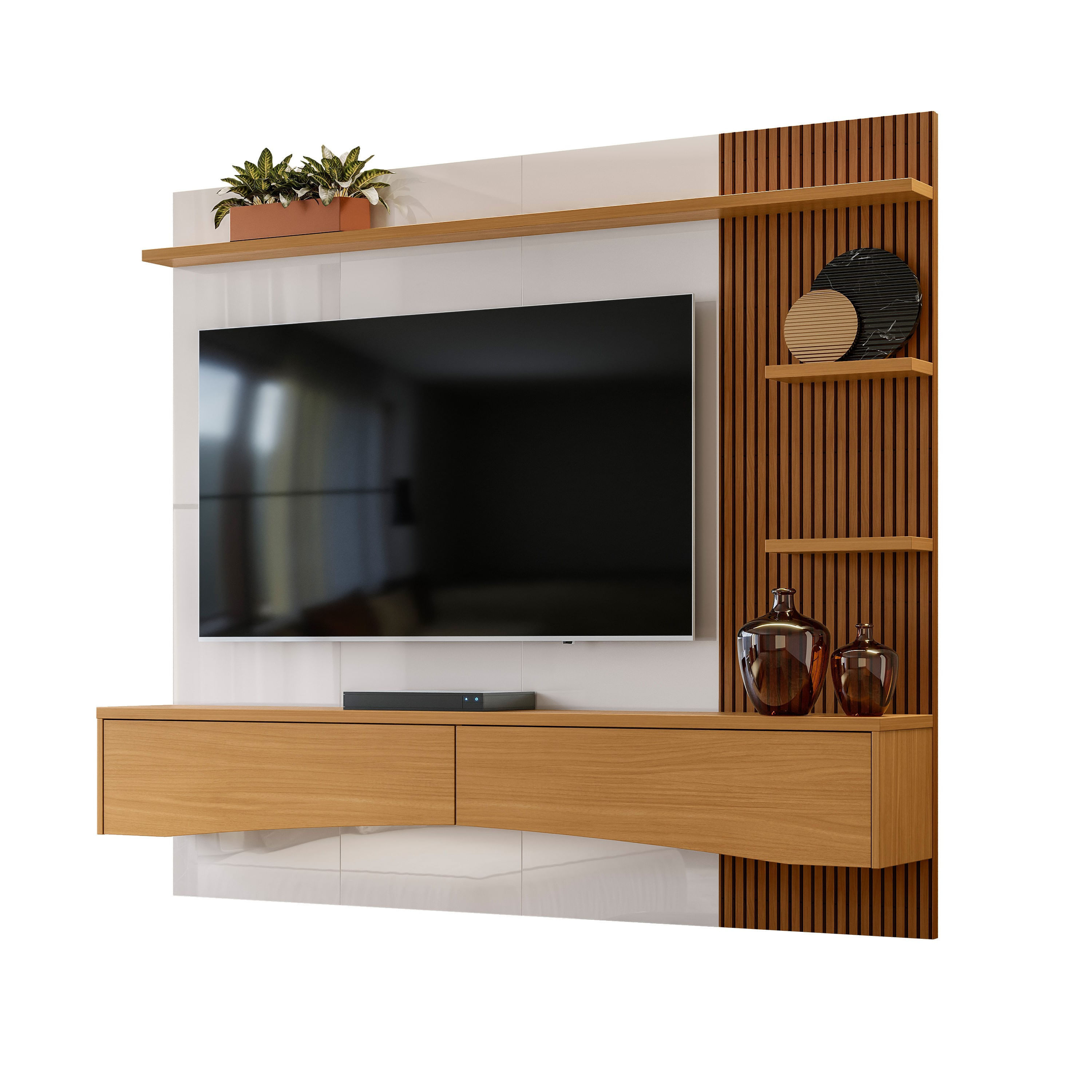 Painel para TV até 65” Europa Off White Perolizado Tauari Ripado