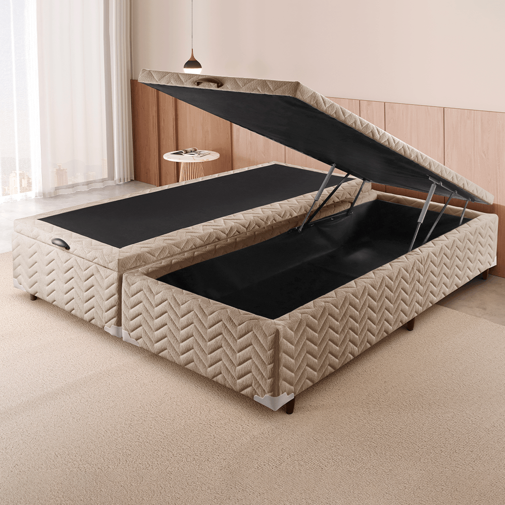 Base Box Casal Queen Bipartido Paropas com Baú e Pistão a Gás 158x198x42cm